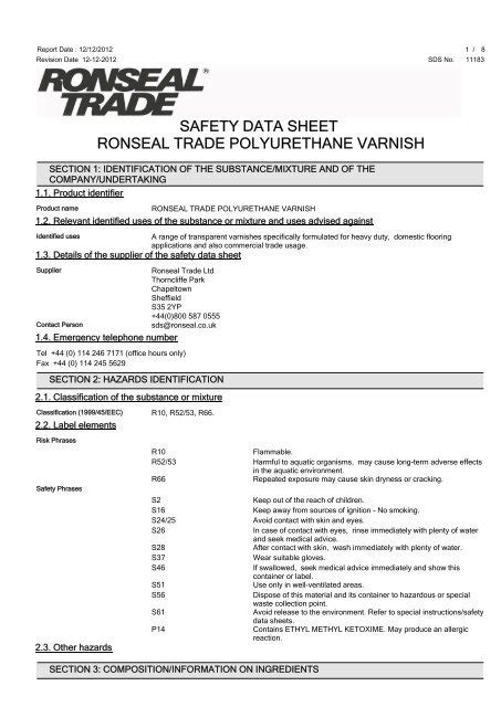 Safety Data Sheet Ronseal Trade Polyurethane Varnish Toolbank