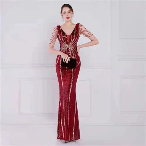 Ladies Plus Size Red Carpet Evening Dress Farewell Sequin Evening