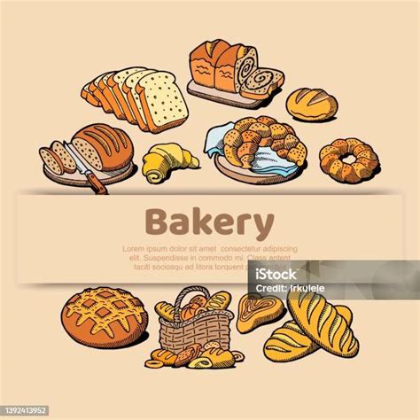 빵집 또는 빵집 스케치 포스터 구운 빵 신선한 밀 빵 베이글 또는 호밀 덩어리와 밀 귀 시프의 베이커 샵을위한 벡터 디자인