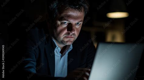 Cybersecurity Expert Analyzing Firewall Logs In A Dimly Lit Room Stock