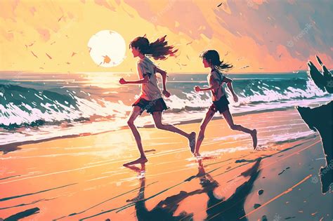 Двое детей на пляже Мальчик и девочка бегут по пляжу чтобы увидеть восход солнца на горизонте