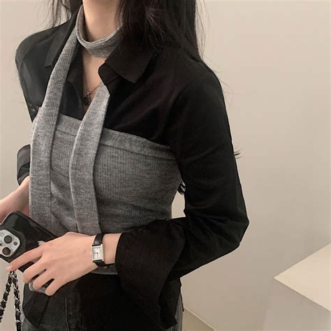 슈가파우더 [세트 코디필수🖤] 이젤 니트탑 머플러 스카프 초커셋업 투피스 4color