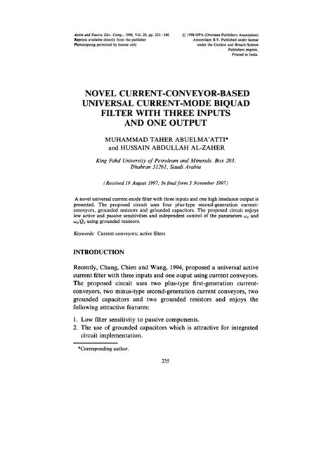 Pdf Novel Current Conveyor Based Universal Current Mode Biquad Filter