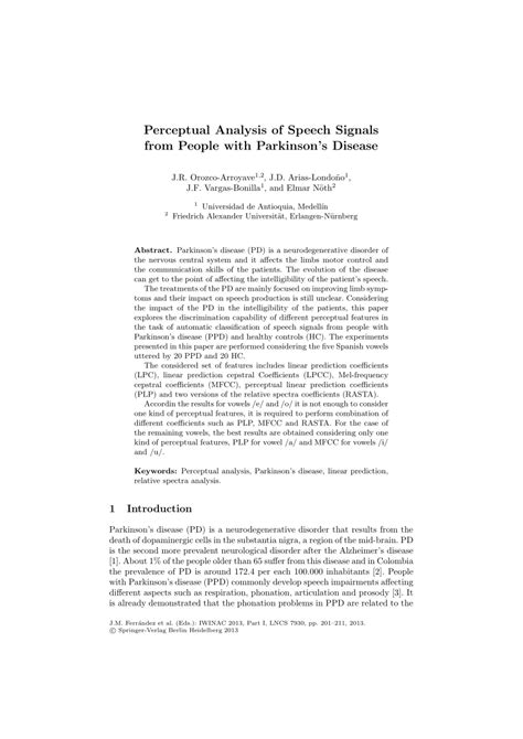 Pdf Perceptual Analysis Of Speech Signals From People With Parkinson