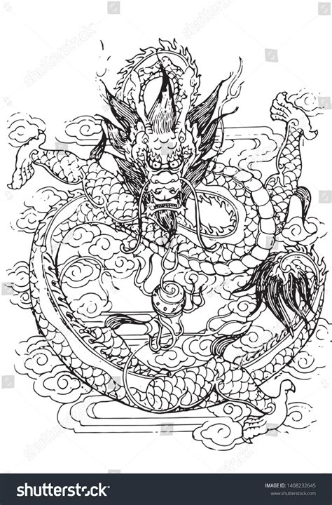 Chinese Dragon Line Drawing Vector เวกเตอร์สต็อก ปลอดค่าลิขสิทธิ์