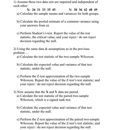 Solved Assume These Two Data Sets Are Unpaired And