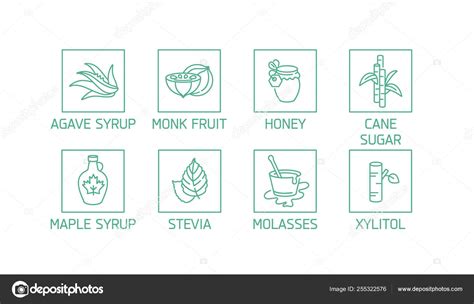 벡터 로고 배지 및 자연 및 유기 제품에 대 한 아이콘을 설정합니다 설탕 대안 자연 대체 건강 제품의 컬렉션 상징 스톡