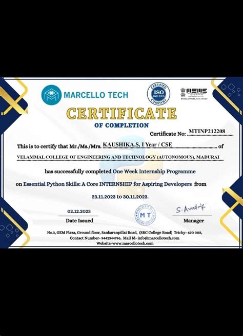 Kaushika S On Linkedin Pythonbasics Certification Marcellotech