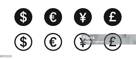달러 유로 파운드 및 엔 아이콘입니다 통화 기호입니다 돈 표시 현금 기호 동전 아이콘입니다 블랙 색상 벡터 격리 기호입니다 0명에 대한 스톡 벡터 아트 및 기타 이미지