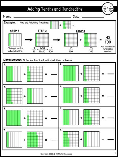 Adding Tenths And Hundredths Using Visual Models Fractions Worksheets Teaching Resources