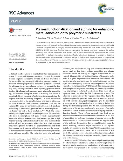 Pdf Plasma Functionalization And Etching For Enhancing Metal Adhesion