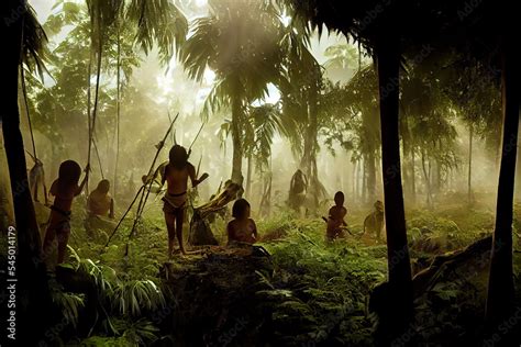 Indigenous Tribe People Of The Amazonian Tribes In A Tropical Jungle