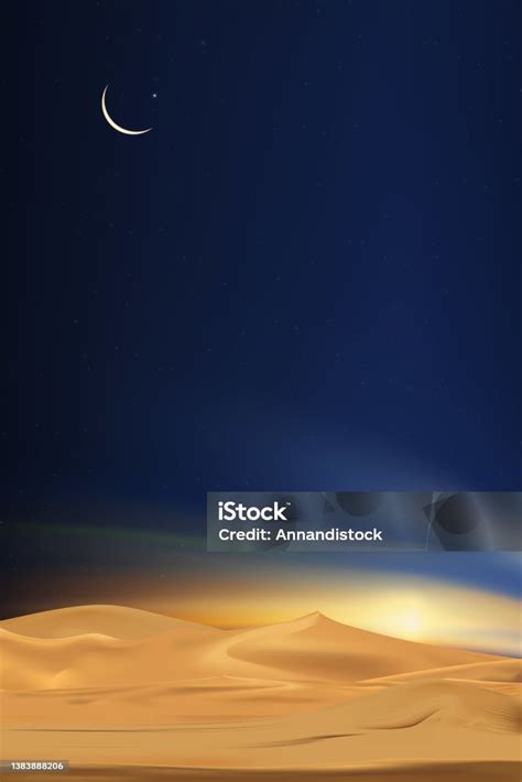 이슬람 또는 라마단 카림 카드 디자인 배경 사막 풍경 모래 모래 언덕 초승달과 어두운 밤에 별 이드 무바라크에 대한 이슬람 또는