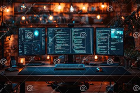 Modern Programmer Desk Setup Featuring Laptop And Multiple Screens With Sou Stock Illustration