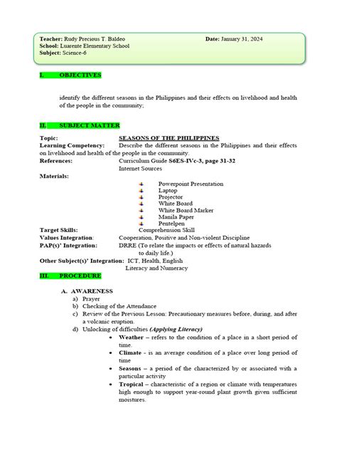 Lesson Plan Science 6 Season In The Philippines Pdf Teachers Earth Sciences