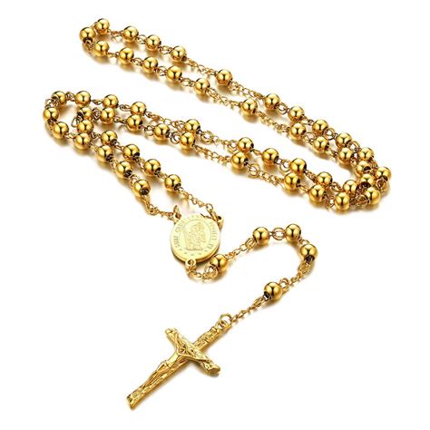 Faithheart Mens Gold Rosary Necklace Saint Christopher Pendant