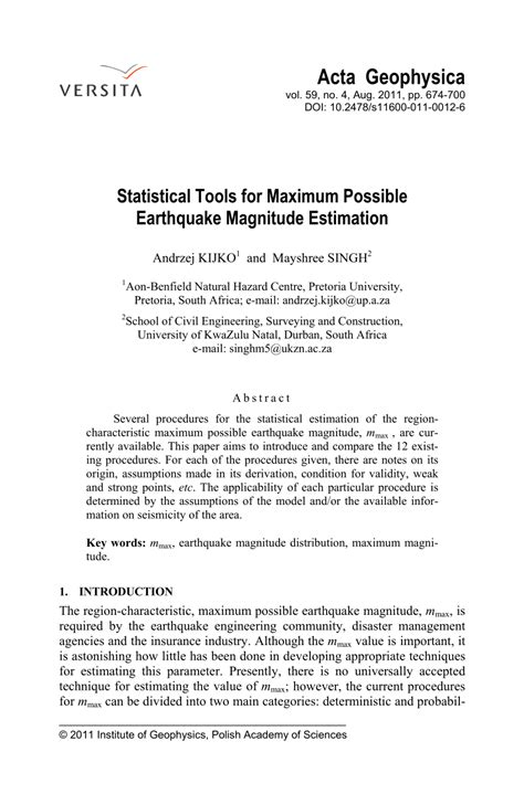 Pdf Statistical Tools For Maximum Possible Earthquake Magnitude Estimation