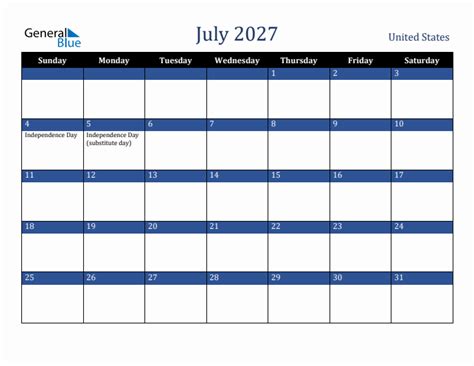 July 2027 Monthly Calendars With United States Holidays
