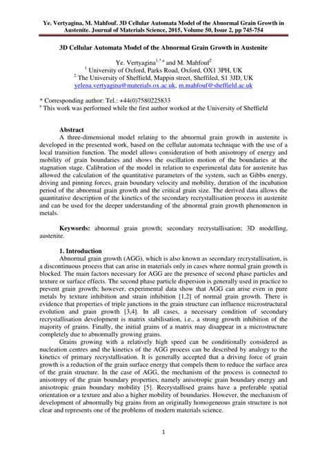 Pdf A 3d Cellular Automata Model Of The Abnormal Grain Growth In Austenite