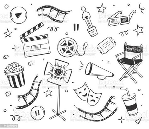 영화 영화 낙서 아이콘 그림 낙서 손으로 그린 스케치 스타일 영화 요소 팝콘 비디오 카메라 클래퍼 보드 3차원 형태에 대한 스톡 벡터 아트 및 기타 이미지 Istock