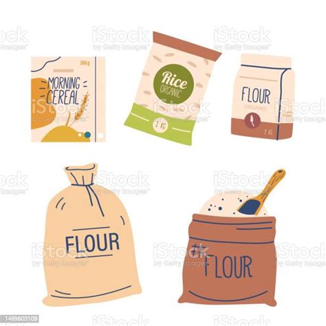 다양한 모양과 색상의 시리얼 상자 가방 및 파우치 세트 아침 시리얼 제품으로 포장 가방에 대한 스톡 벡터 아트 및 기타 이미지 가방 개념 개성 개념 Istock