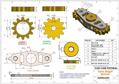 Parts And Assembly Of Gear Fidget Spinner In Solidworks Solidworks Animation Gear Drawing