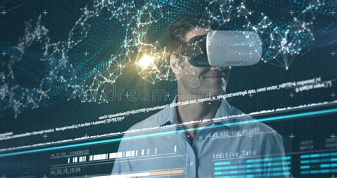 Digital Interface With Data Processing Against Man Wearing Vr Headset Touching Futuristic Screen