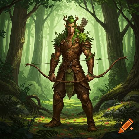A Fierce Female Forest Elf With Glowing Green Eyes And Antlers Clad In