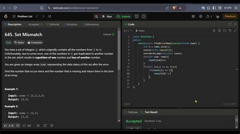 Leetcode 645 Set Mismatch Find Duplicate And Missing Number C Solution Youtube