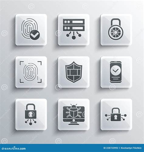 Set System Bug On Monitor Cyber Security Smartphone Shield With Brick Wall Fingerprint And