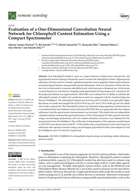 Pdf Evaluation Of A One Dimensional Convolution Neural Network For Chlorophyll Content