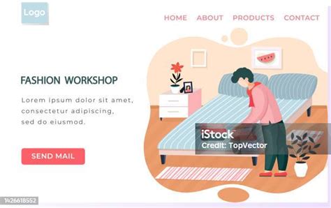 남자 직물 공장 노동자를 가진 유행 작업장 방문 페이지 템플리트는 상점에 있는 침대 린넨을 접는다 공예에 대한 스톡 벡터 아트 및 기타 이미지 Istock