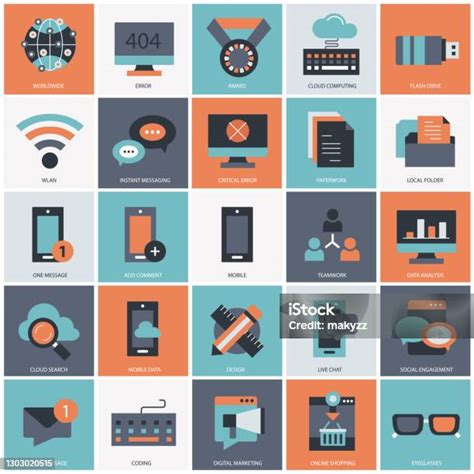 웹 사이트 및 모바일 응용 프로그램을 위한 비즈니스 기술 및 관리 아이콘 설정 플랫 벡터 일러스트레이션 0명에 대한 스톡 벡터