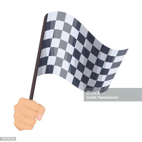 경주를 시작 하 고 그의 손에 깃발을 나 부 끼고 마무리 바둑판 무늬 깃발 아이콘 만화 스타일 벡터 기호 재고 일러스트 웹에서 단일 경쟁에 대한 스톡 벡터 아트 및 기타