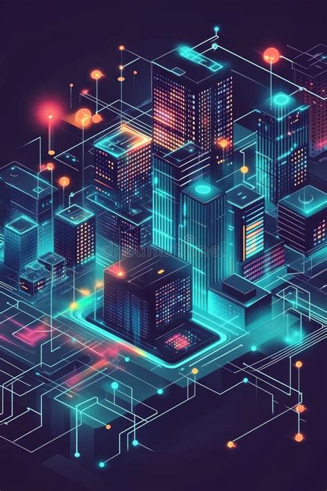 Isometric Digital Network Design Representation Of Big Data In A Futuristic Urban Environment