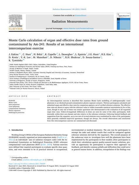 Pdf Monte Carlo Calculation Of Organ Dose Coefficients For Internal Dosimetry Results Of An