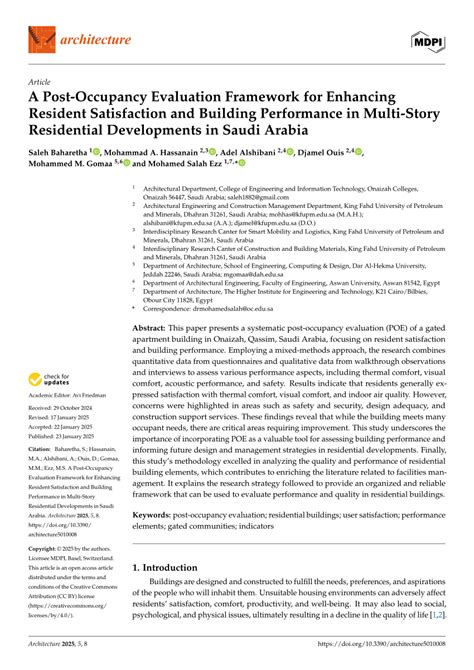 Pdf A Post Occupancy Evaluation Framework For Enhancing Resident Satisfaction And Building