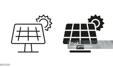 태양 전지 패널 라인과 실루엣 아이콘 세트입니다 태양 에너지 픽토그램 흰색 배경에 재생 가능한 전기 기호 컬렉션 집을 위한 생태학 전기 햇빛 체계 고립된 벡터 그림 대안
