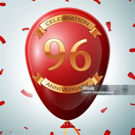 현실적인 빨간 풍선 골드 리본 비문 96 년 기념일 축 하 회색 배경에 색종이 벡터 일러스트 90에 대한 스톡 벡터 아트 및 기타 이미지 Istock