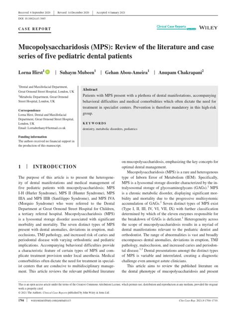 Mucopolysaccharidosis Mps Review Of The Literature Pdf Dentistry Comorbidity