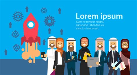 파란색 배경 위에 로켓의 아라비아 사람 그룹 처리 출시 평면 복사 공간 옷 전체 길이 아랍 비즈니스 팀 전통적인 입고 Launch Party에 대한 스톡 벡터 아트 및 기타