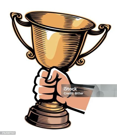 챔피언 골드 컵 손에 트로피 승자 리더 목표 달성 기호입니다 벡터 일러스트 레이 션 1위에 대한 스톡 벡터 아트 및 기타 이미지 Istock