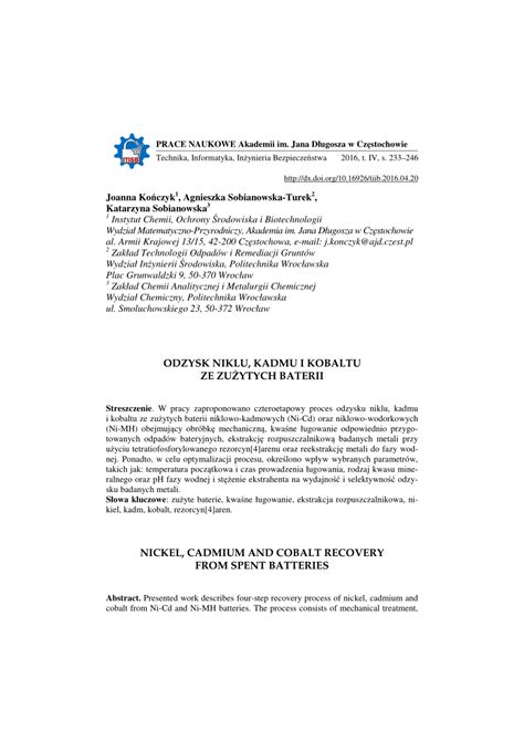 Pdf Nickel Cadmium And Cobalt Recovery From Spent Batteries