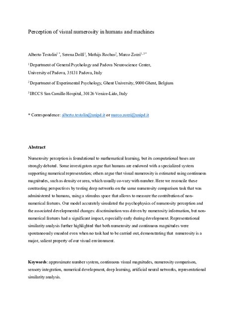 Pdf Perception Of Visual Numerosity In Humans And Machines