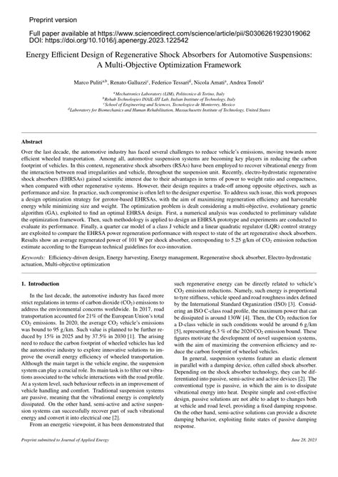 Pdf Energy Efficient Design Of Regenerative Shock Absorbers For Automotive Suspensions A