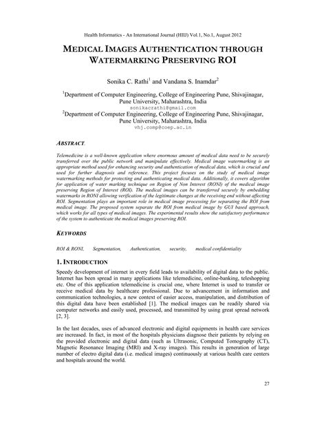 Medical Images Authentication Through Watermarking Preserving Roi Pdf