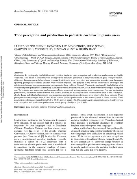 Pdf Tone Perception And Production In Pediatric Cochlear Implants Users