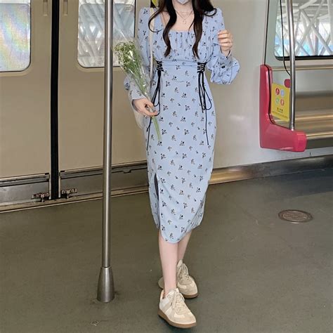 U넥 사이드 슬릿 플라워 패턴 퍼프 롱원피스 Ag116734