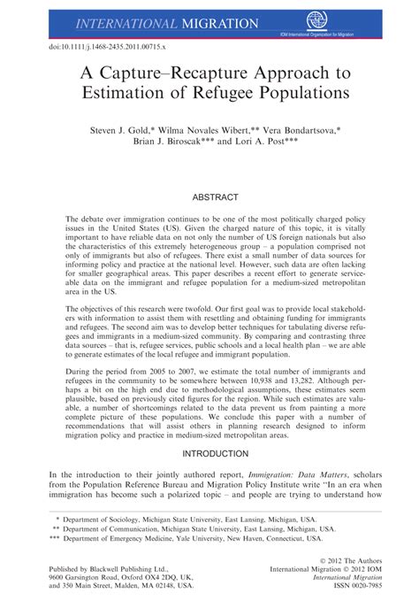 Pdf A Capture Recapture Approach To Estimation Of Refugee Populations