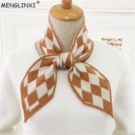 기하학적 격자 무늬 겨울 스카프 브랜드 니트 스카프 날카로운 각도 여성 긴 스키니 작은 스카프 여성 네커치프여성용 스카프